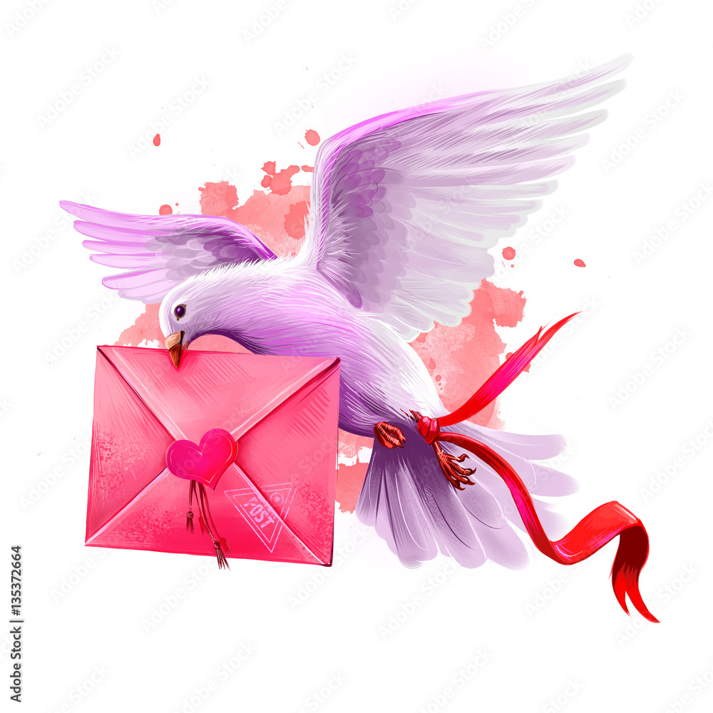 Digital illustration of pigeon bringing love letter. Flying post pigeon ...