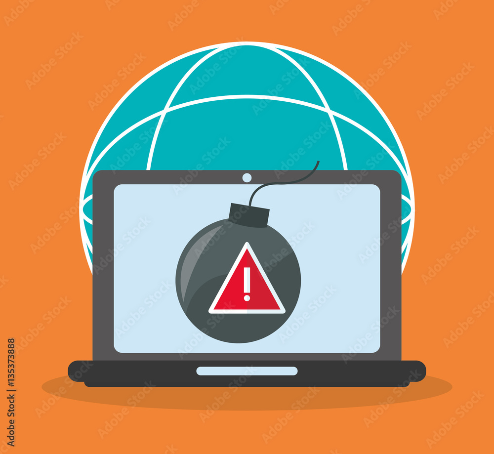 computer with bomb icon on screen over orange background. colorful ...