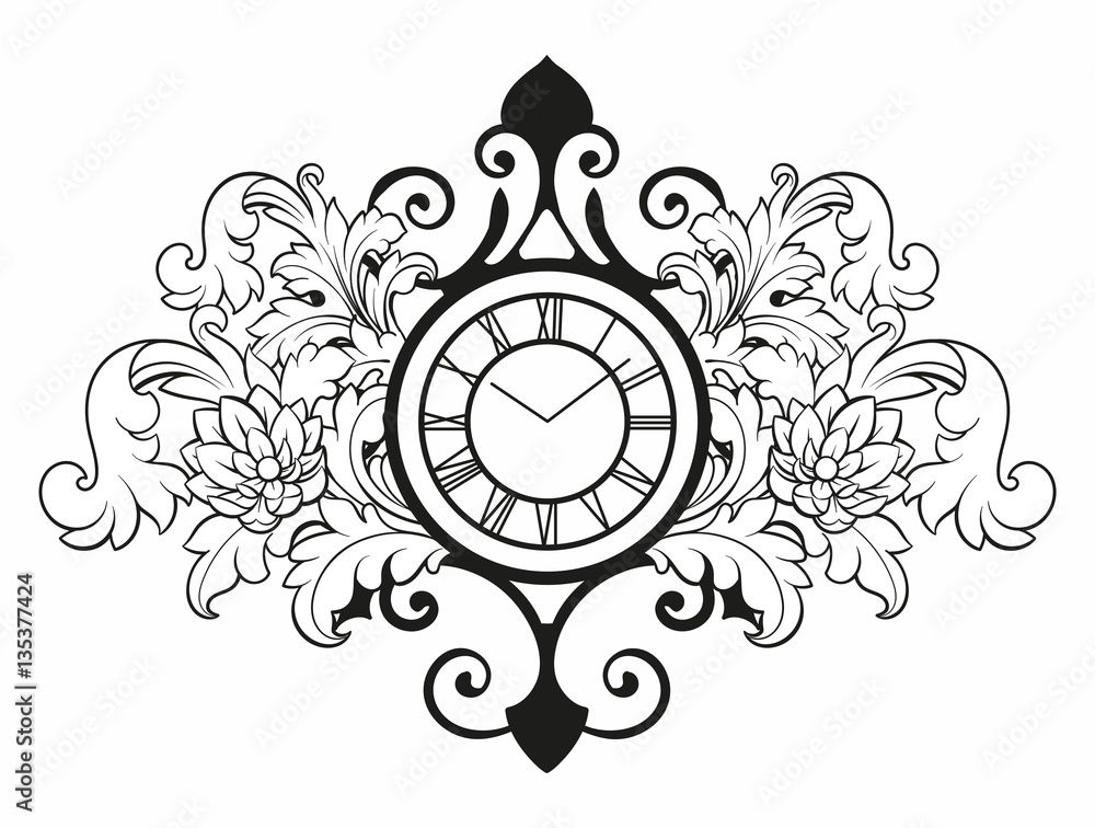 Vector illustration of a classic style clock with white filigreed ...