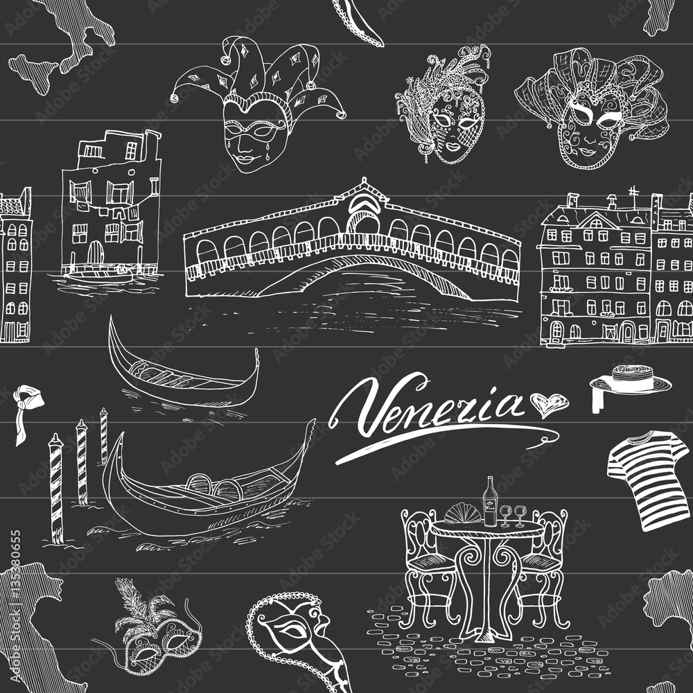 Venice Italy seamless pattern. Hand drawn sketch with map of Italy ...