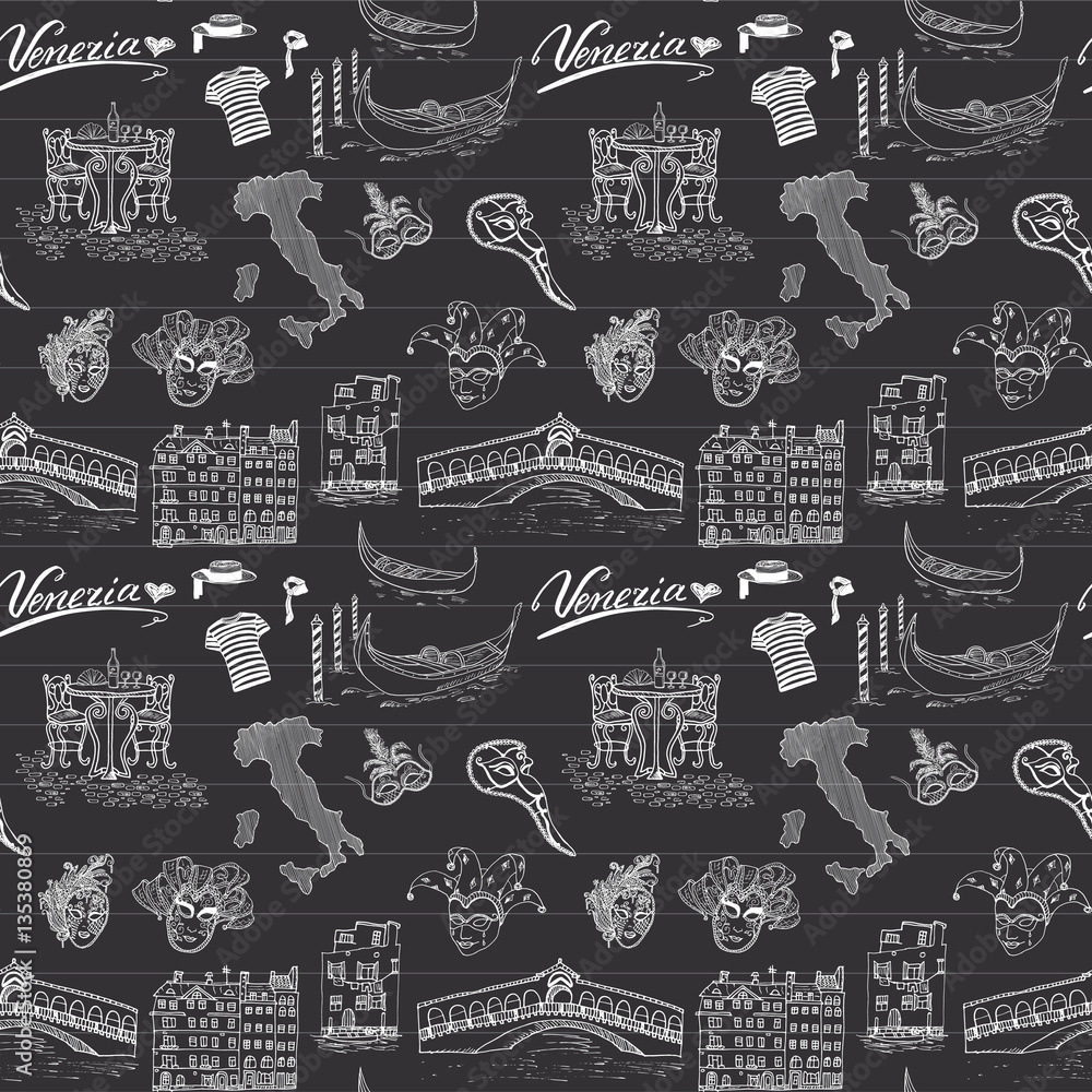 Venice Italy seamless pattern. Hand drawn sketch with map of Italy ...