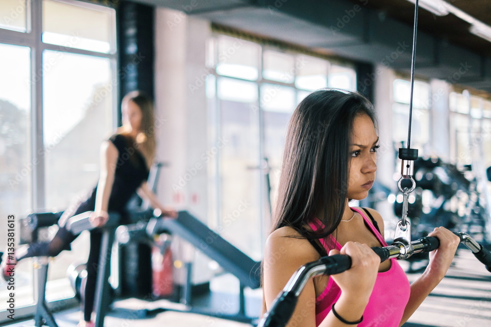 Beautiful young fitness girl in gym. doing lat machine exercises Stock ...