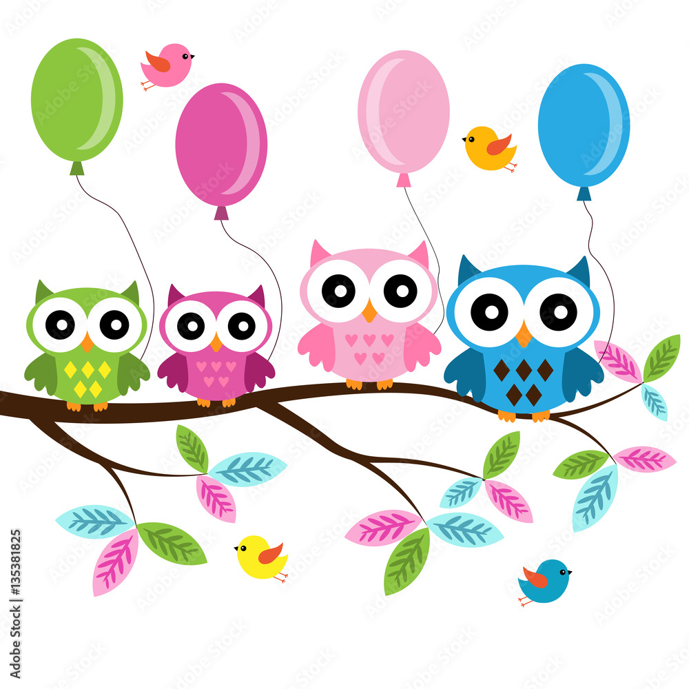Four colorful owls with balloons sitting on the branch and flying birds ...