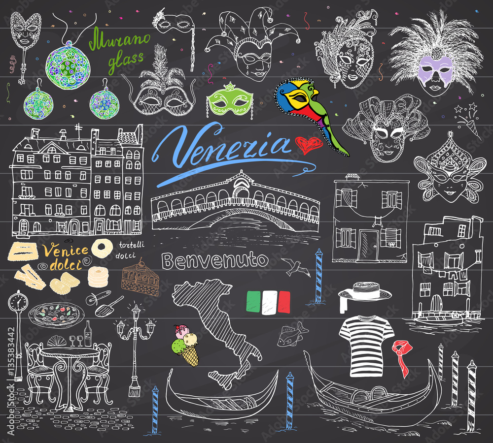 Venice Italy sketch elements. Hand drawn set with flag, map, gondolas ...