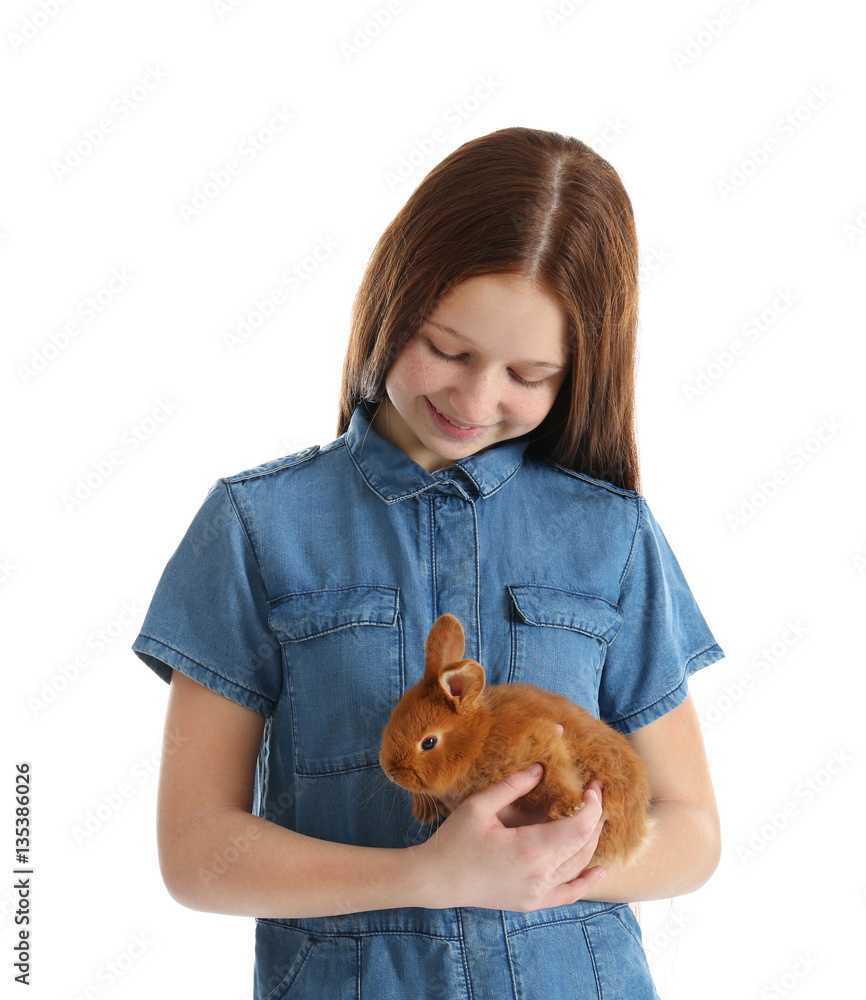 Cute girl holding small rabbit on white background Stock Photo | Adobe ...