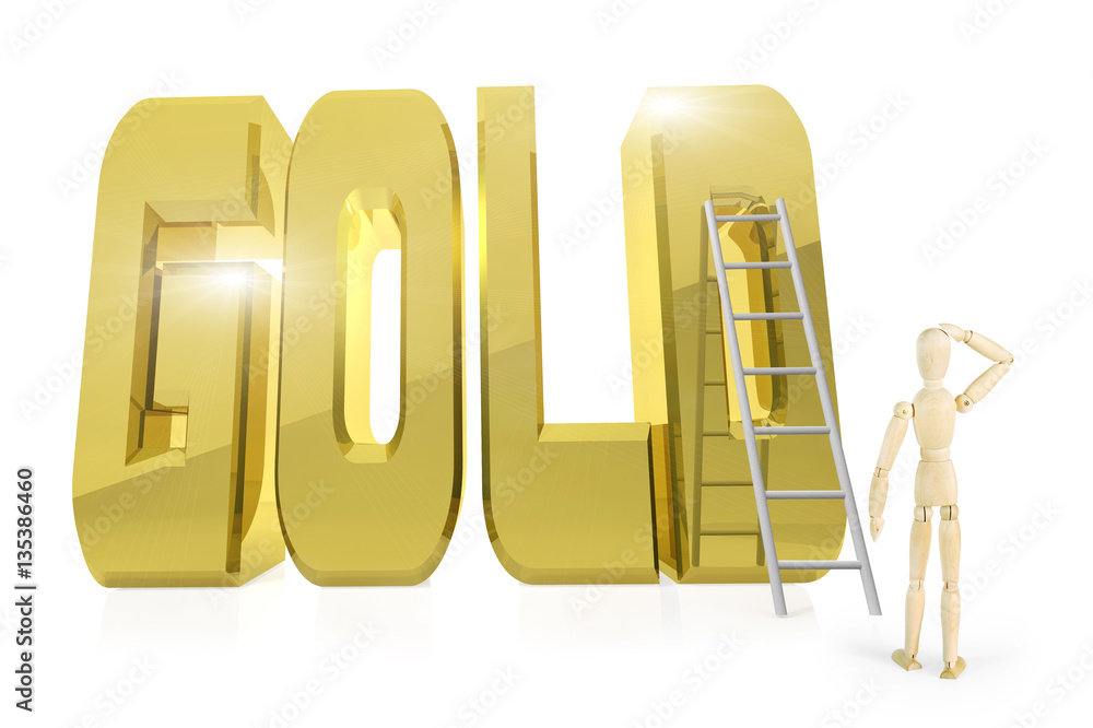 Man stands in front of huge golden word GOLD. Abstract image with a ...