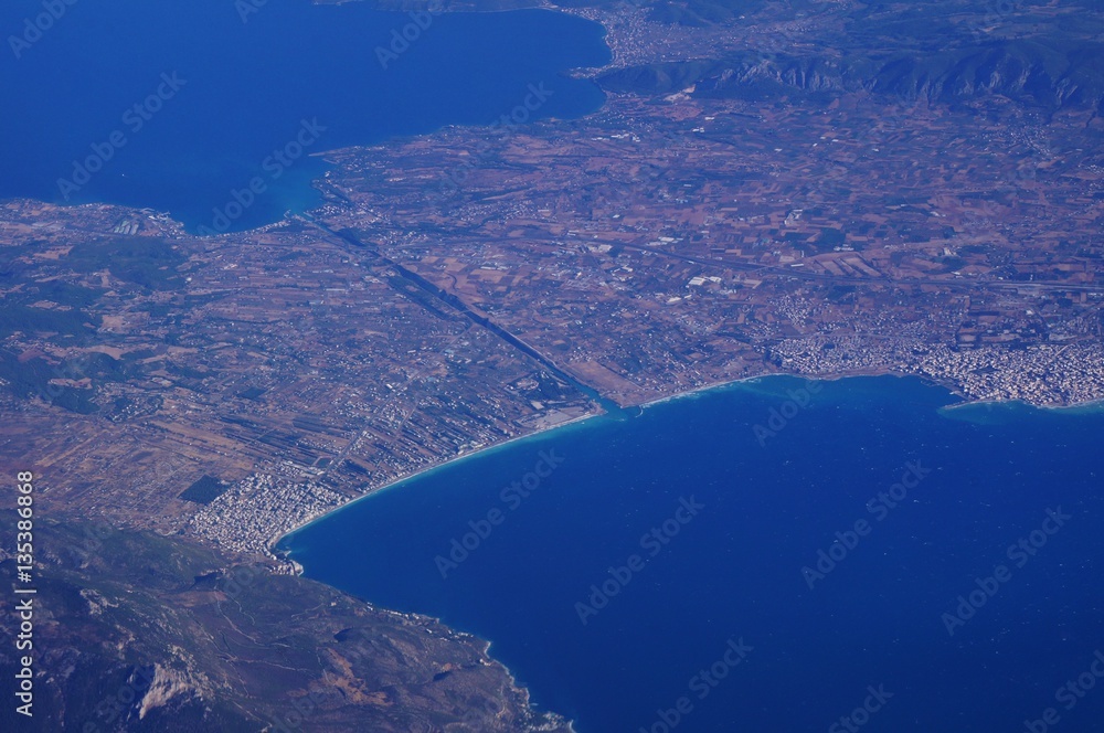 Aerial view of the Isthmus of Corinth connecting mainland Greece with ...