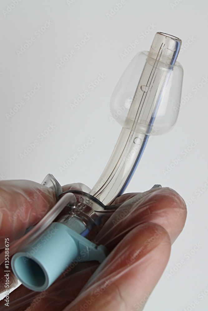 Bottom side of tracheostomy tube with inflated polyurethane conical ...