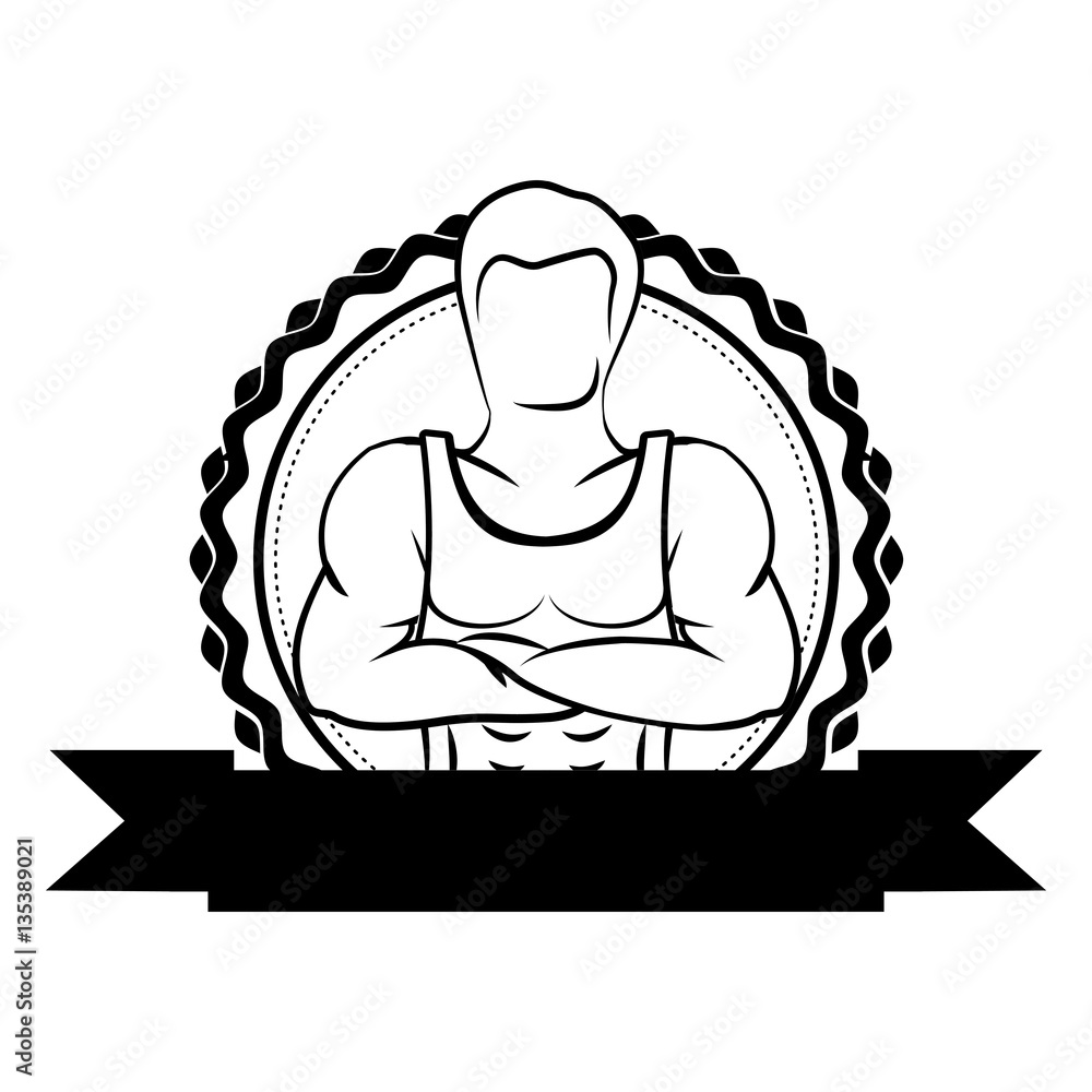 black sticker border with muscle man crossed arms and label vector ...