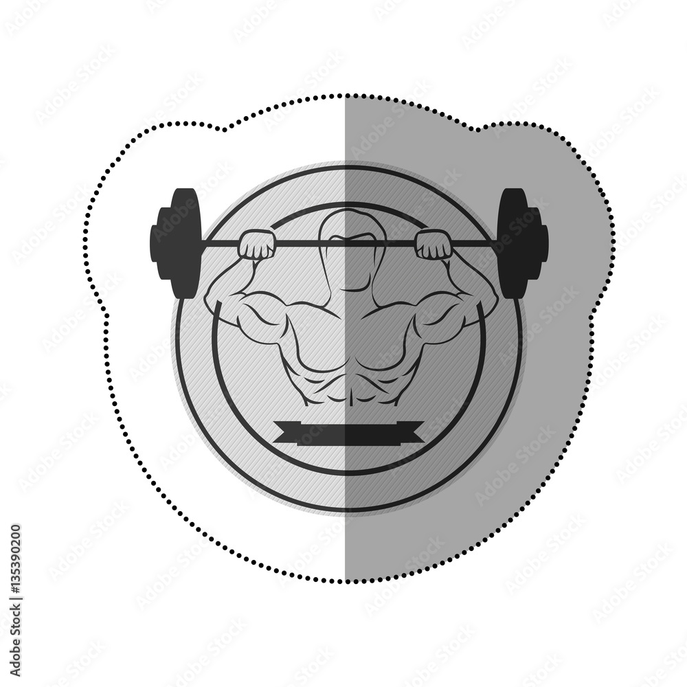 monochrome sticker with muscle man lifting a disc weights and label ...