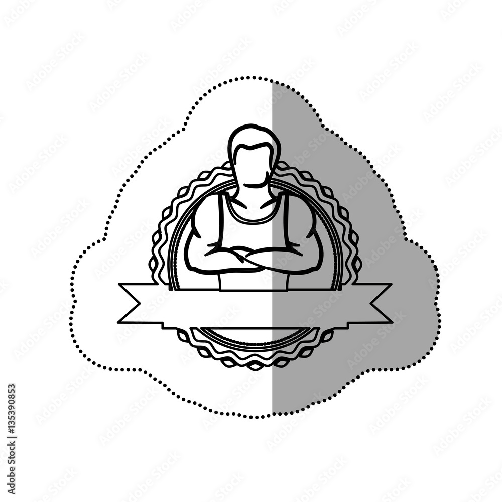sticker border with contour muscle man crossed arms and label vector ...
