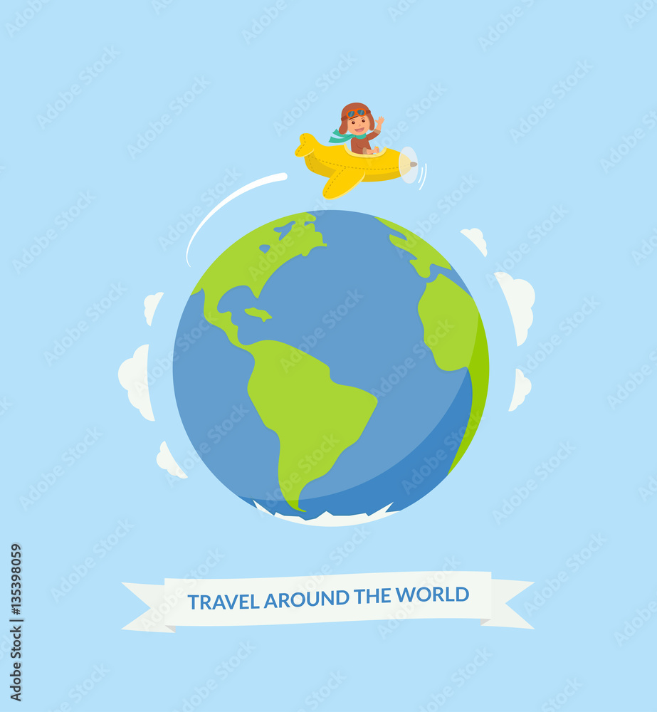 Cartoon Airplane Flying Around The World