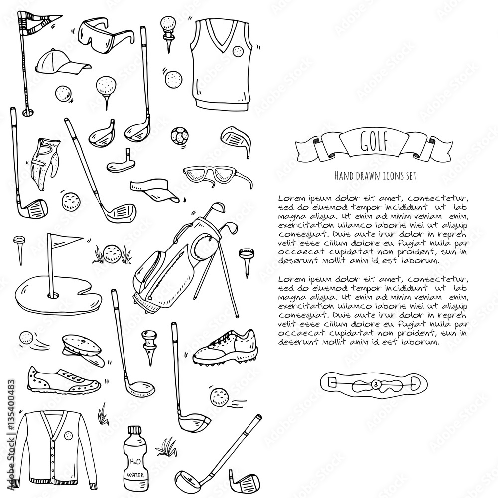 Hand drawn doodle Golf icons set. Vector illustration. Game collection ...