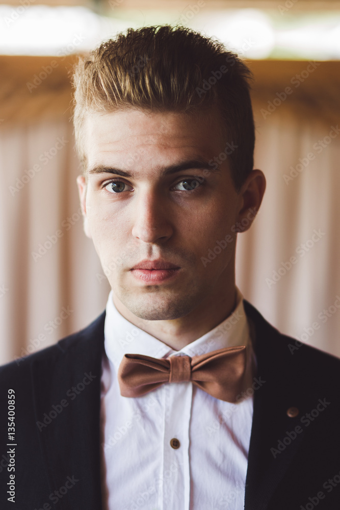 Portrait of elegant handsome man in black suit and bow-tie. Male Stock ...