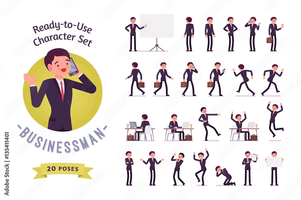Ready-to-use businessman character set, different poses and emotions ...