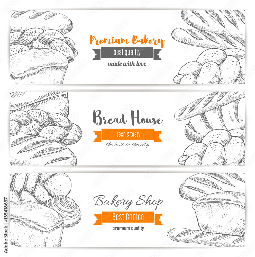 Bread house or bakery shop vector sketch banners Stock Vector | Adobe Stock