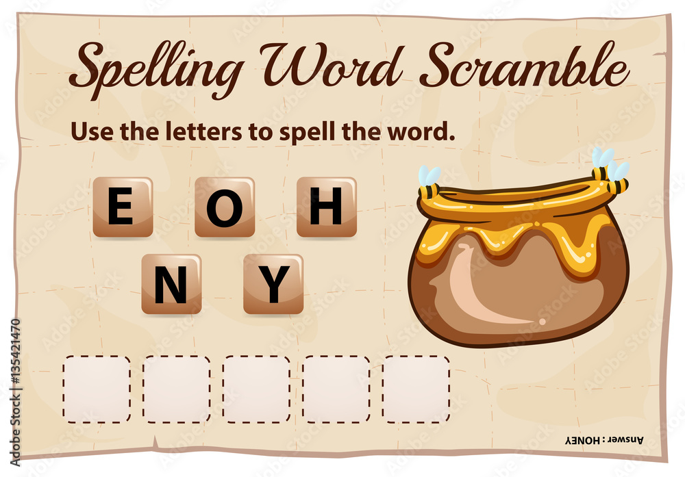 Spelling word scramble template with word honey Stock Vector | Adobe Stock