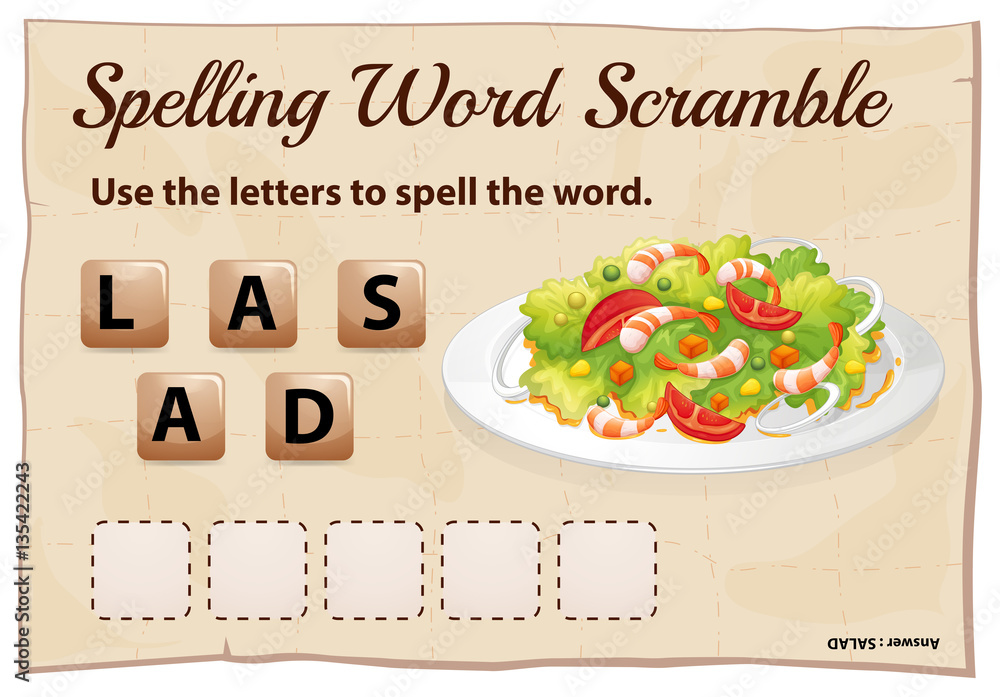Spelling word scramble game template with word salad Stock Vector ...