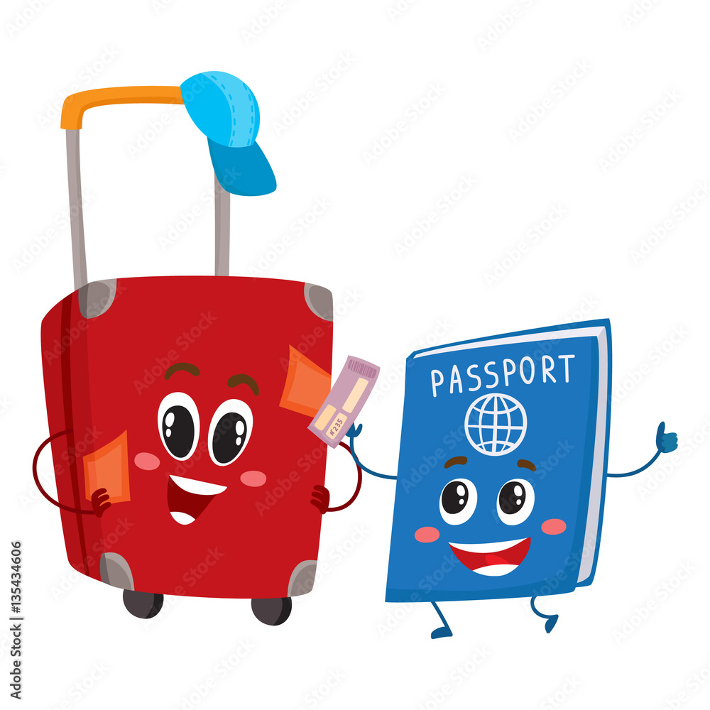 Red suitcase and passport characters, travelling, vacation concept ...