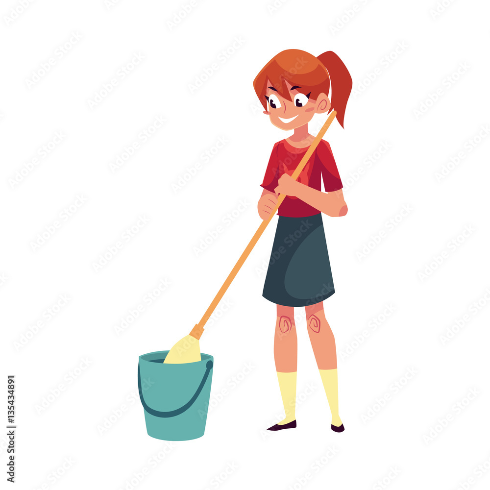 Teenage girl helping to clean the house, washing floors with a mop ...