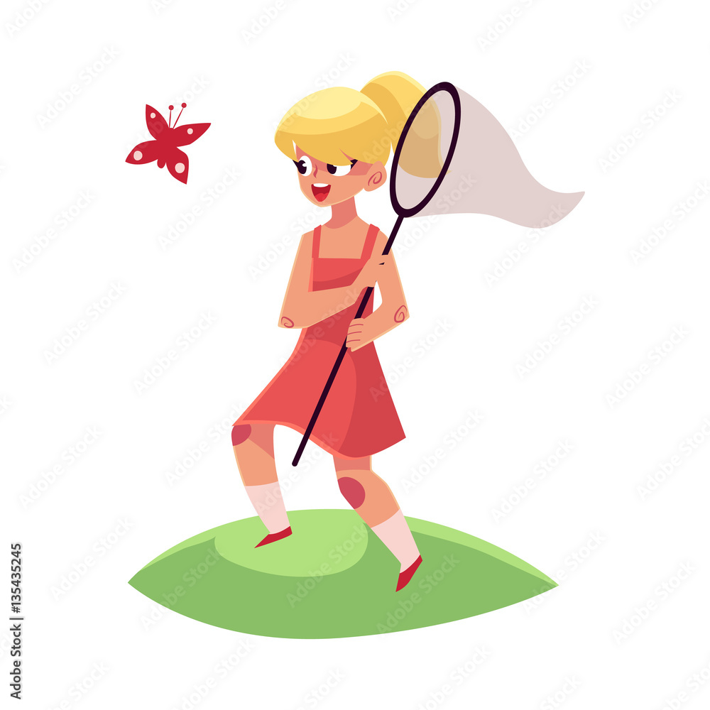 Pretty little girl catching butterfly with a net, summer vacation ...