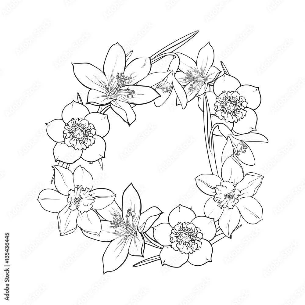 Round frame of spring flowers, decoration element, sketch vector ...