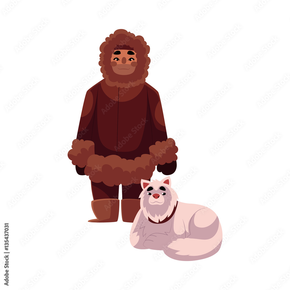 Eskimo, Inuit man in warm winter clothes with white fluffy sledge dog ...