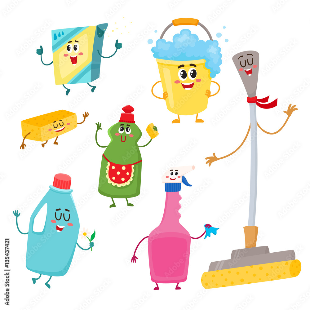 Set of funny house cleaning characters - detergents, bucket, mop ...