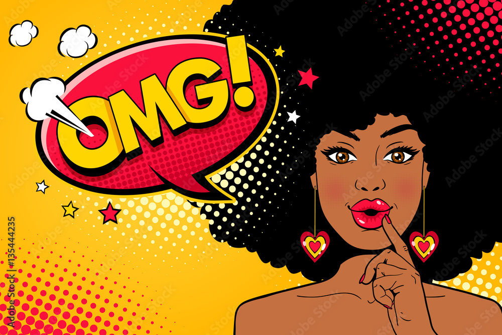 Wow Pop Art Female Face Sexy Surprised Young African American Woman