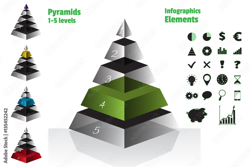 Green set of isometry symmetrical pyramid charts, diagram 5 levels with ...