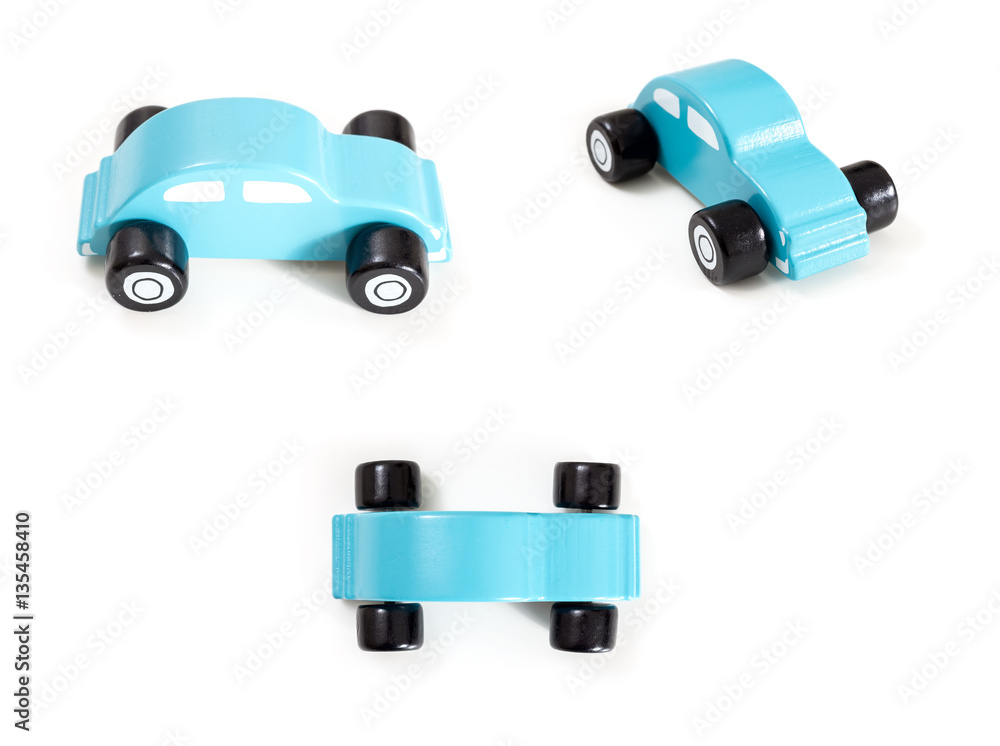 A blue toy car front, side and top view, on white background. Stock ...