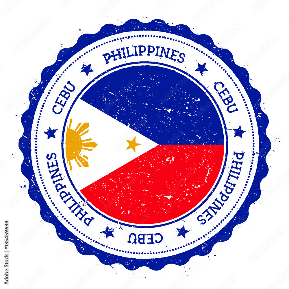 Cebu flag badge. Vintage travel stamp with circular text, stars and ...