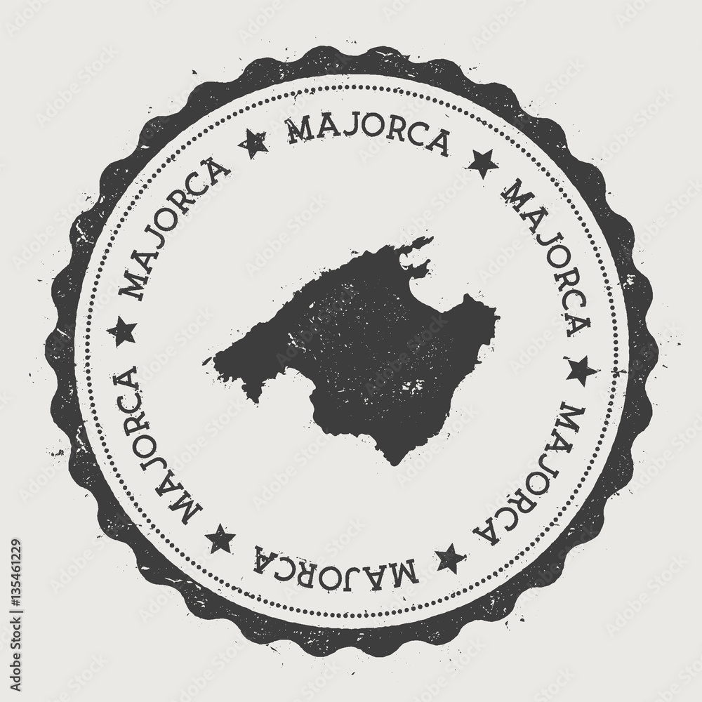 Majorca sticker. Hipster round rubber stamp with island map. Vintage ...