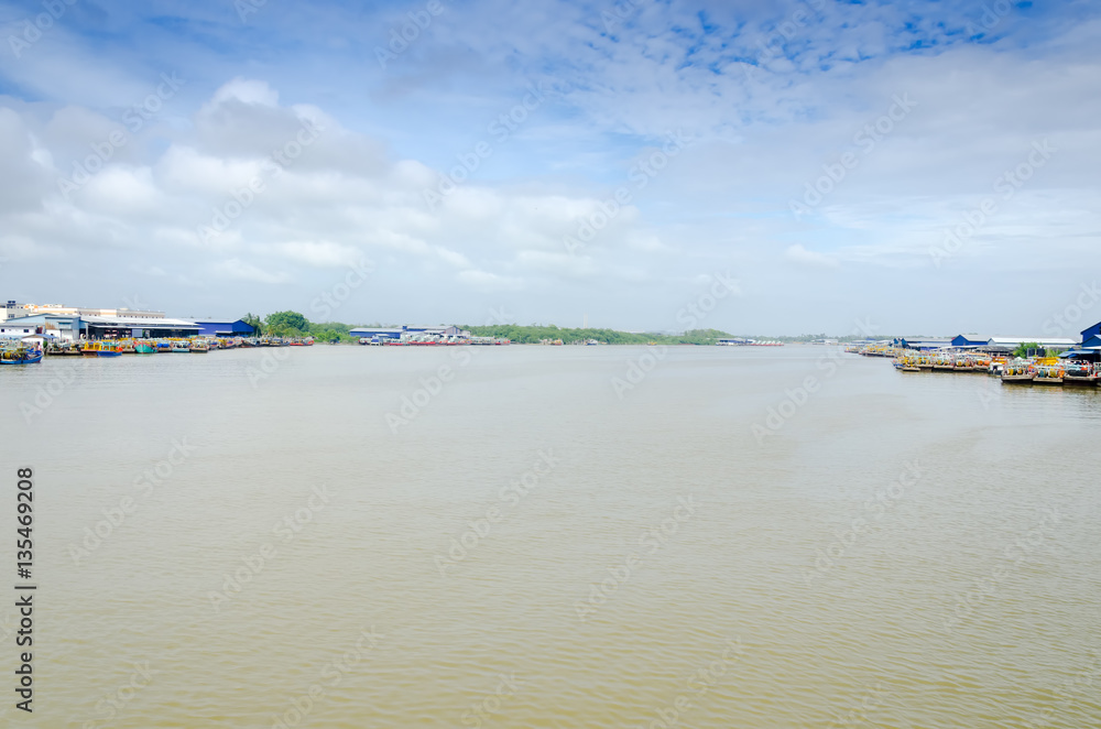 JOHOR, MALAYSIA - JANUARY 30, 2017: Fishing boats anchored at the jetty ...