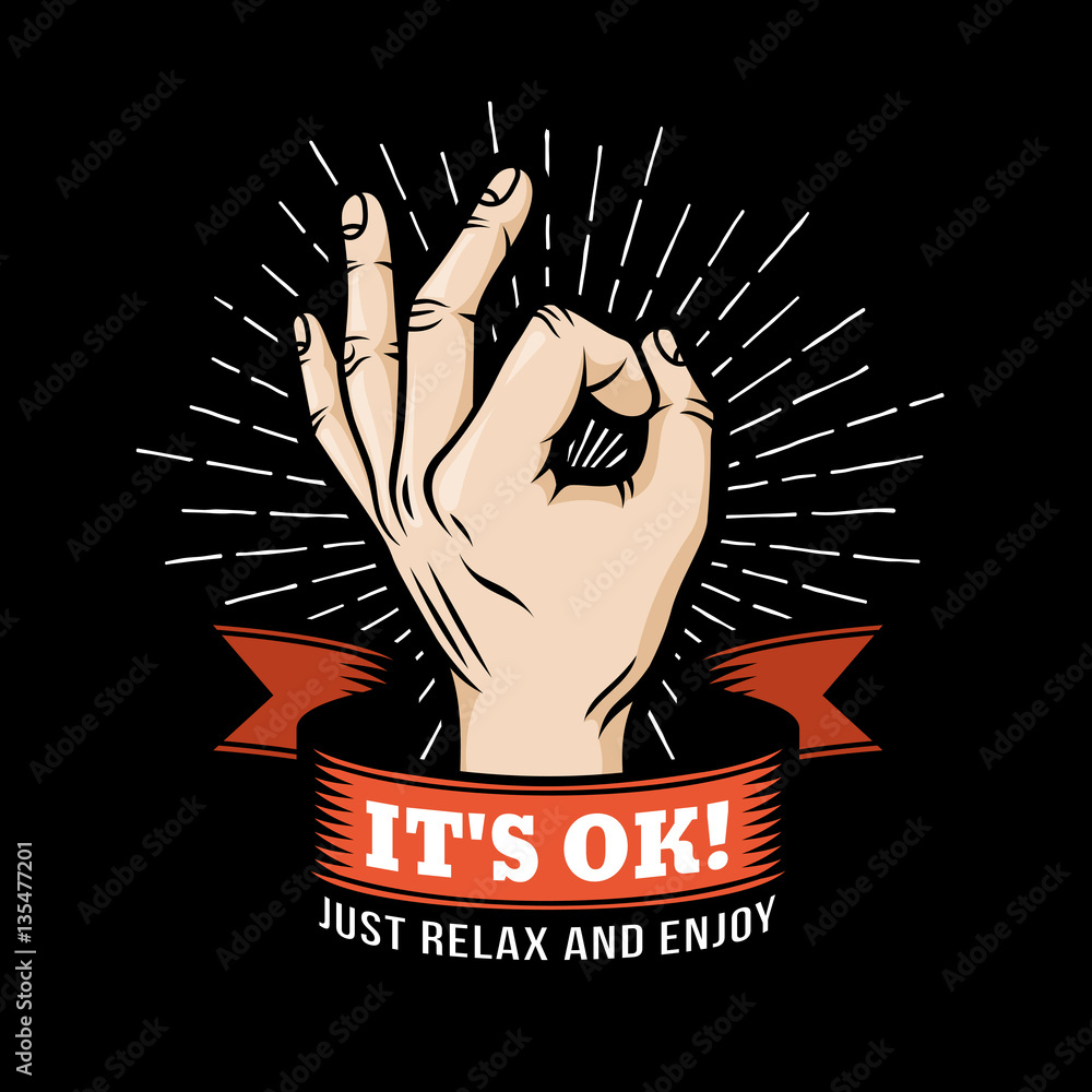 Logo OK hand gesture with ribbon and sunburst on a black background ...