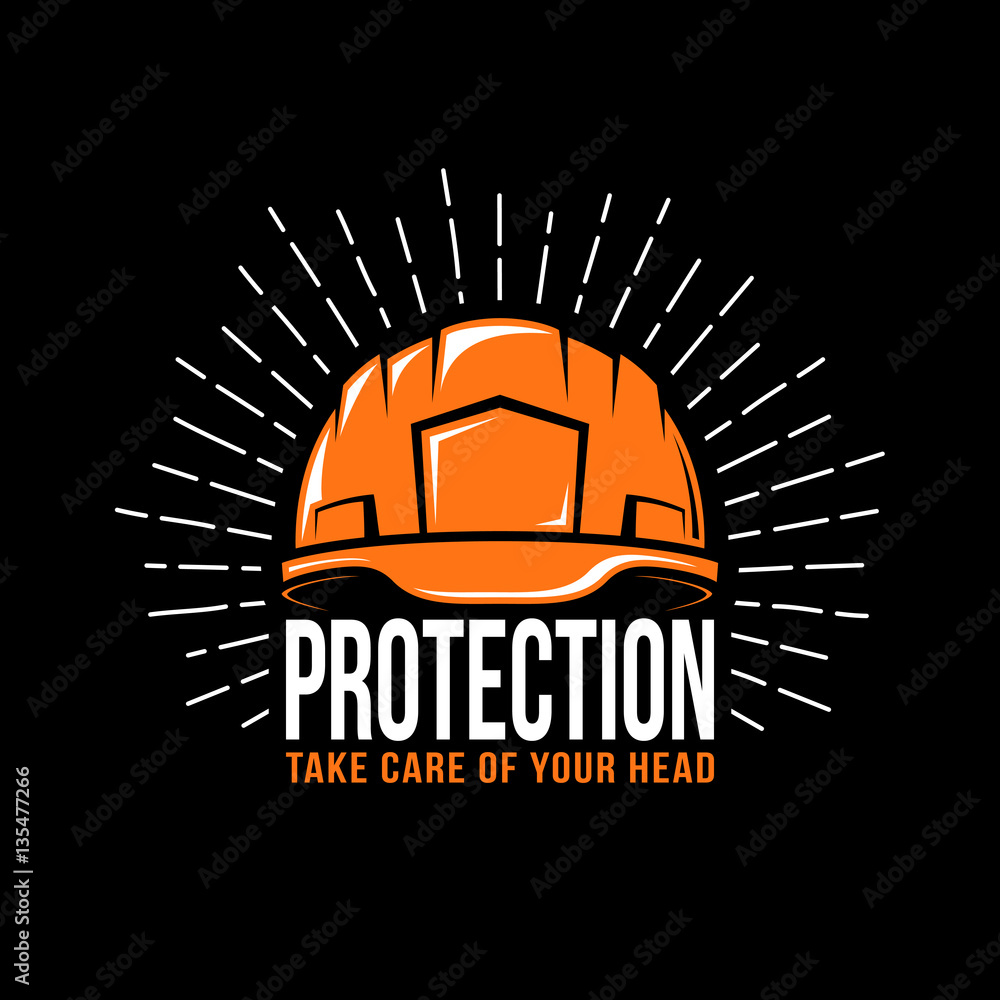 Logo with a working helmet, sunburst and the word protection on a black ...