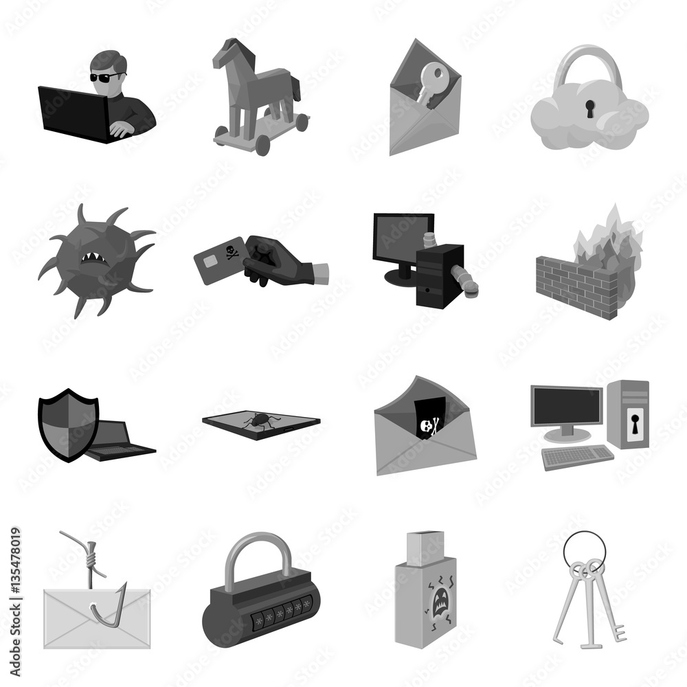 Hackers And Hacking Set Icons In Monochrome Style Big Collection Of Hackers And Hacking Vector