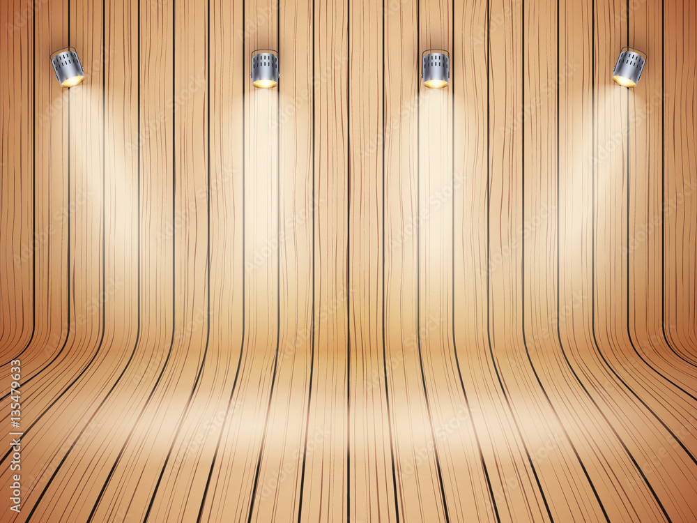 Curved wooden background with spotlights. Presentation and mockup ...