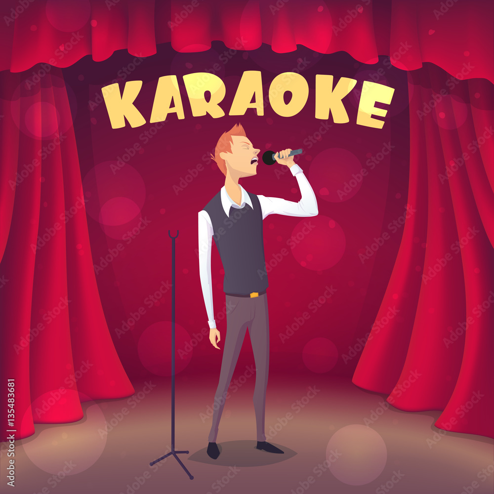Skinny guy singing Karaoke on the scene. Cartoon style. Vector ...