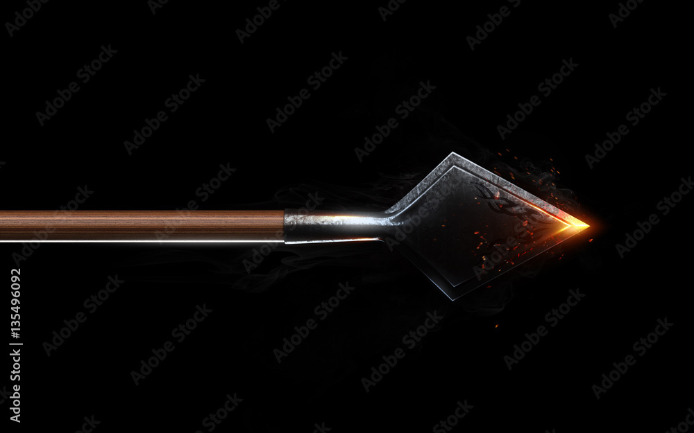 Blazing flying arrows on black background isolated. Concept. 3d render ...