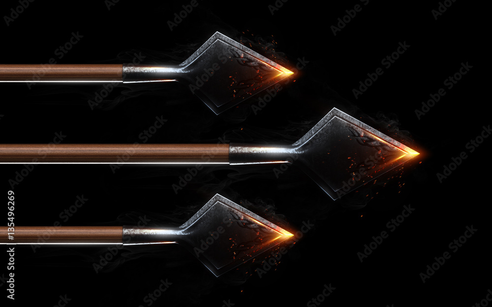 Blazing flying arrows on black background isolated. Concept. 3d render ...
