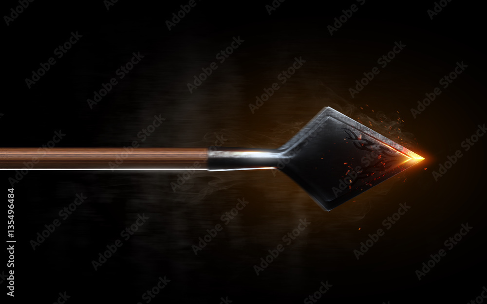 Blazing flying arrows on black background isolated. Concept. 3d render ...