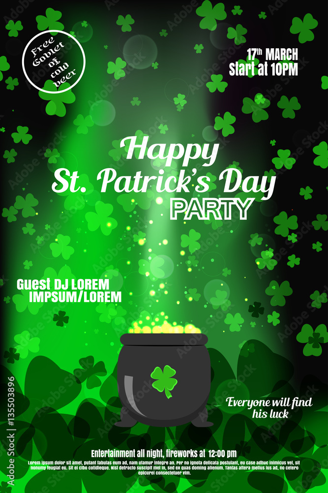 Vector Happy St. Patrick's Day night party poster on the gradient dark ...