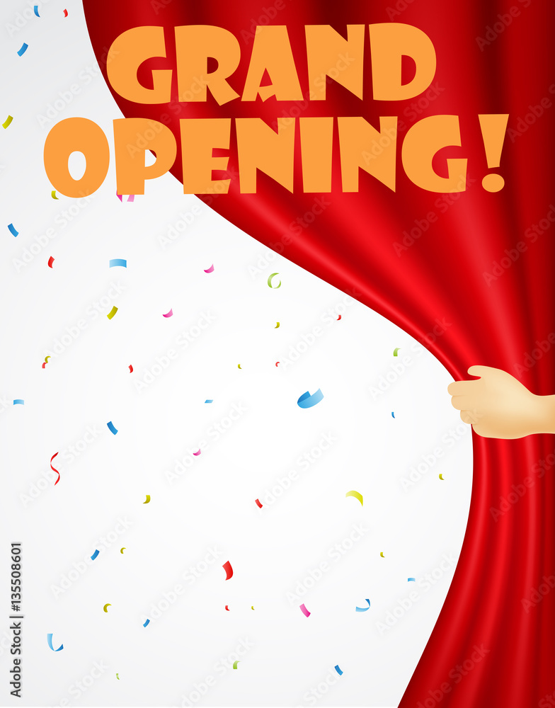 Grand opening background with confetti and red curtain Stock Vector ...
