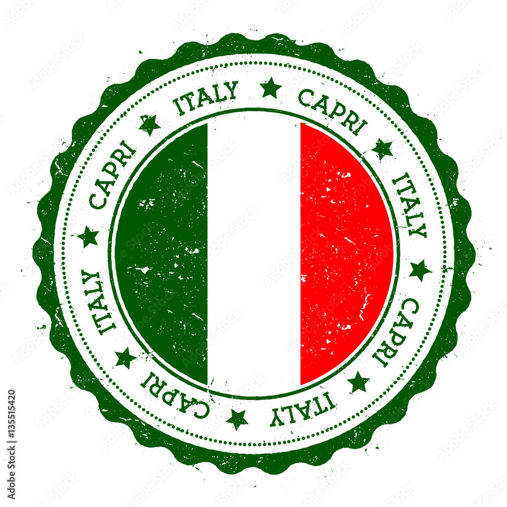 Capri flag badge. Vintage travel stamp with circular text, stars and ...