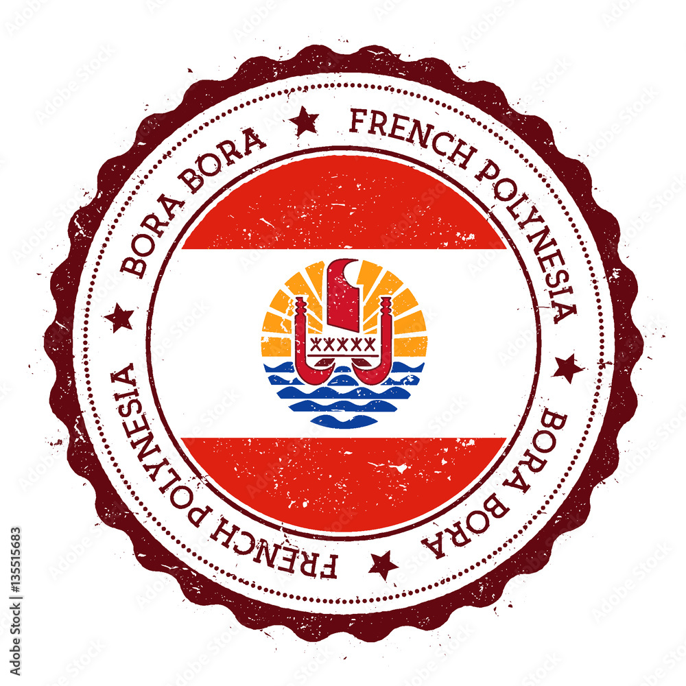 Bora Bora flag badge. Vintage travel stamp with circular text, stars ...