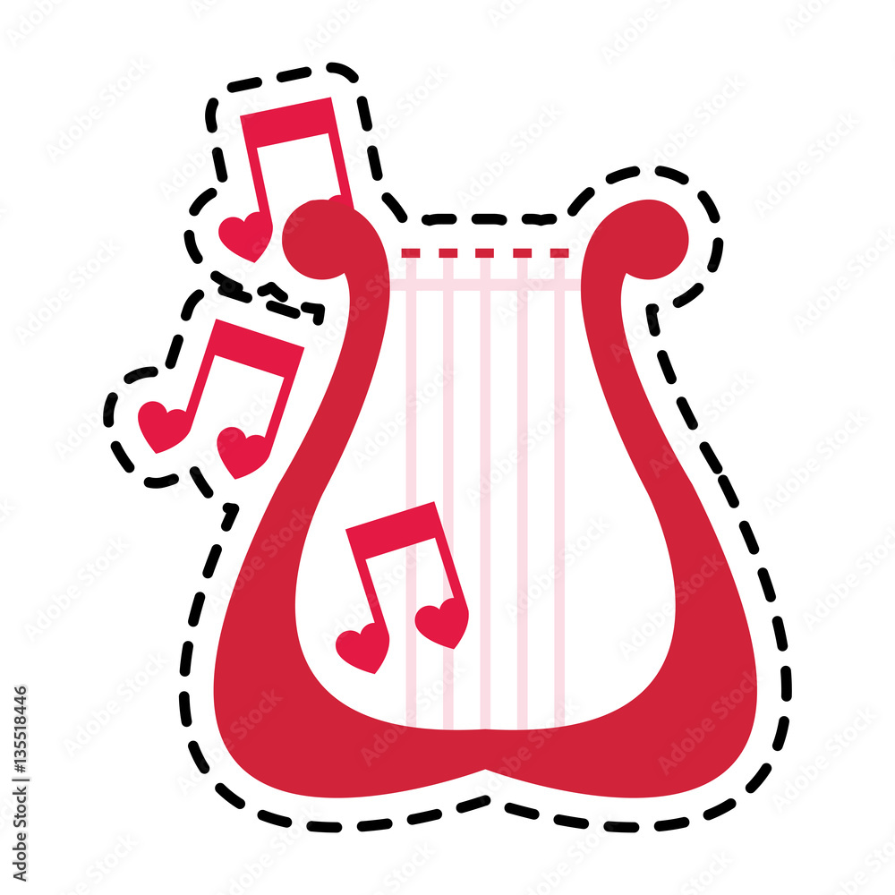 lyre instrument with musical notes over white background. colorful ...