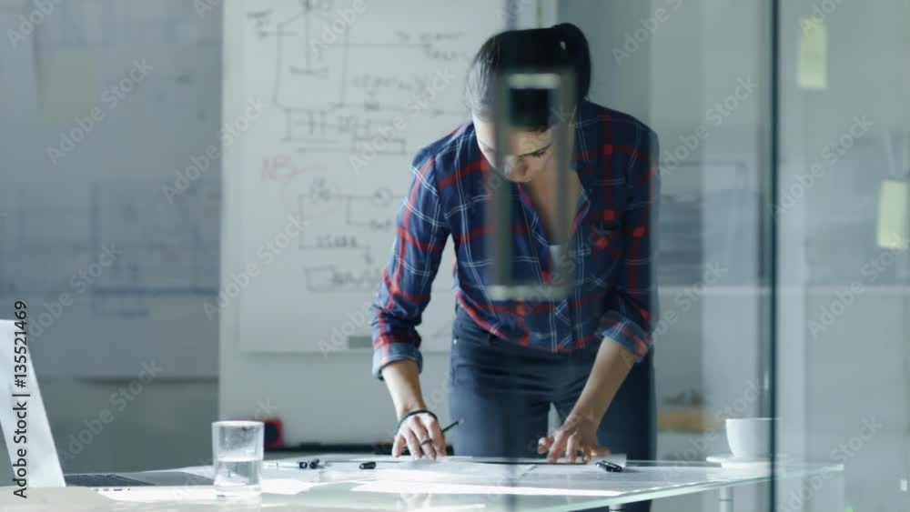 Late at Night Female Design Engineer Works on Documents, Drafts With ...