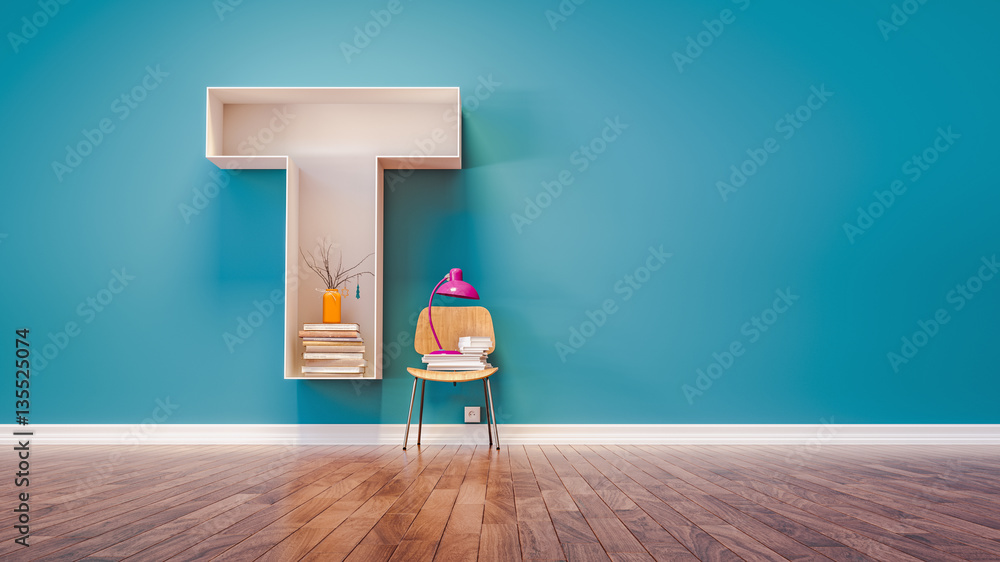 Room for learning The letter T has designed a bookshelf. Stock Photo ...