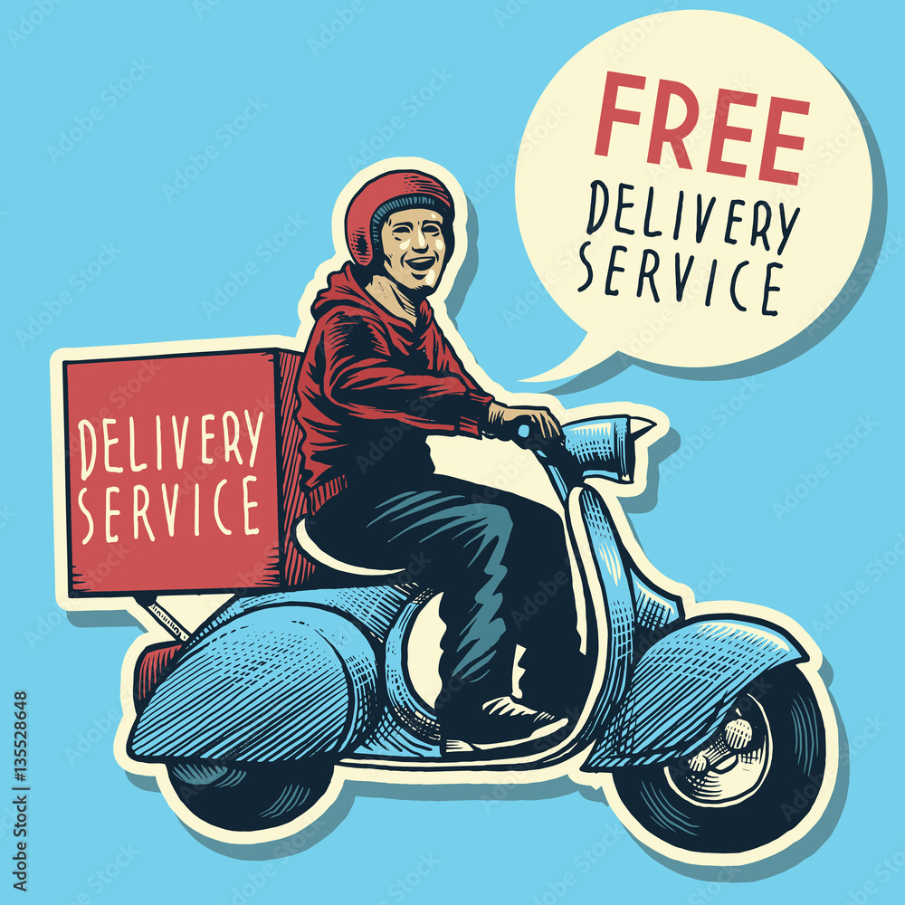 hand drawing of delivery service man riding a scooter Stock Vector ...